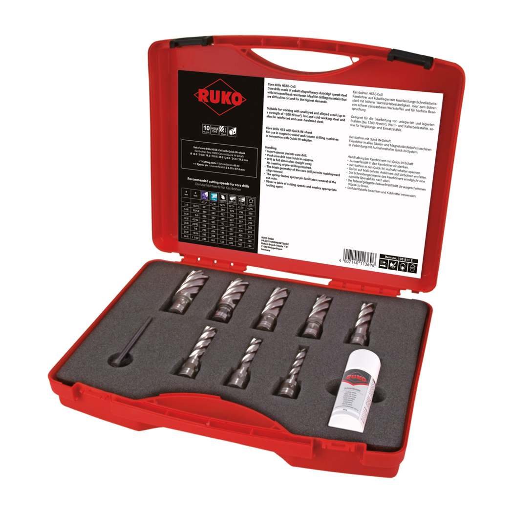 Kernbohrer-Satz HSS-Co5 10-tlg. mit Quick IN-Schaft CBN